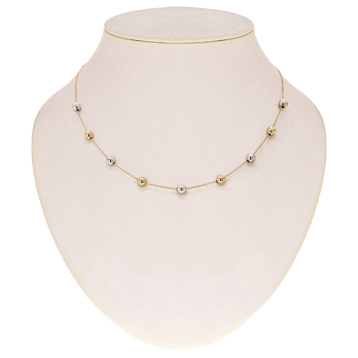 Italian 14k Yellow & White Gold Bead Station Chain Necklace 18" 6mm 3 ...