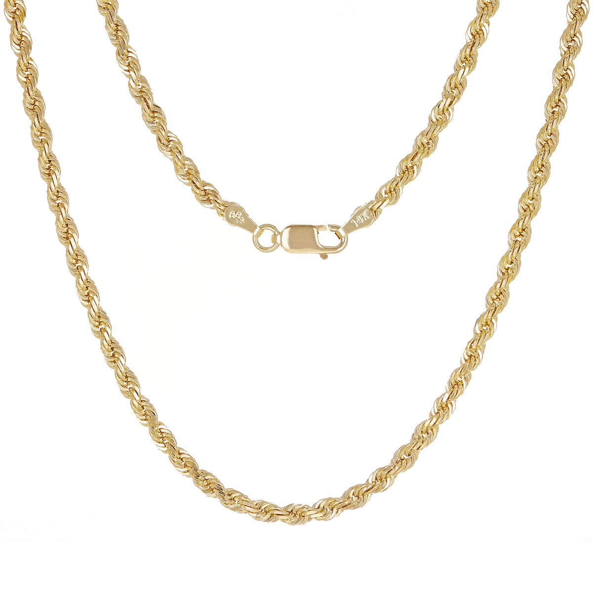 14k Yellow Gold Solid Diamond Cut Rope Chain Necklace | Direct Source ...